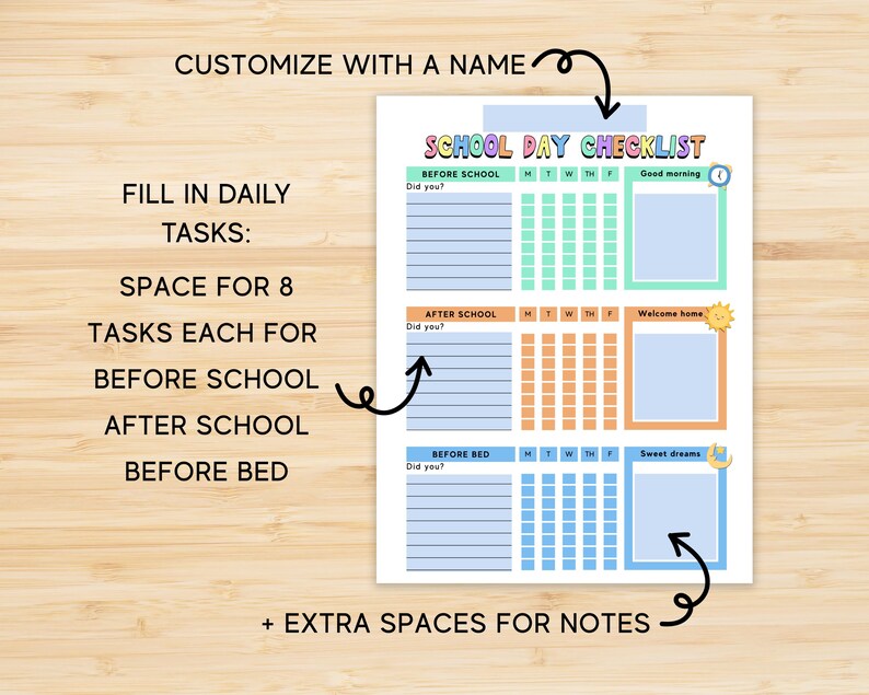 Editable Kids School Day Checklist – Daily Routine Chart for Morning ...