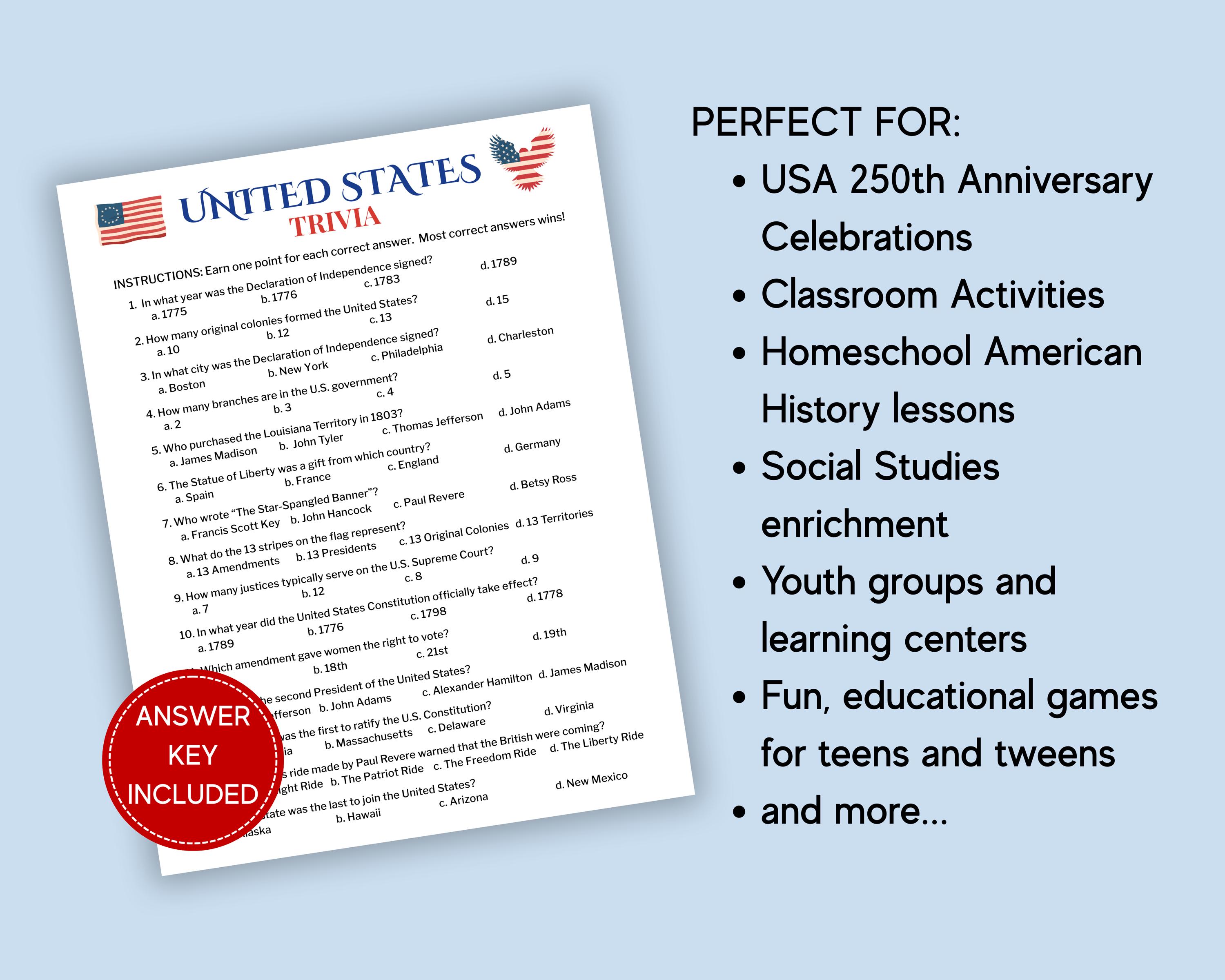 United States Trivia Game, USA Trivia, Patriotic Trivia Game, 250th ...