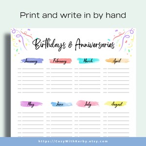 Birthday & Anniversary Tracker Printable Fillable PDF Birthday Calendar ...