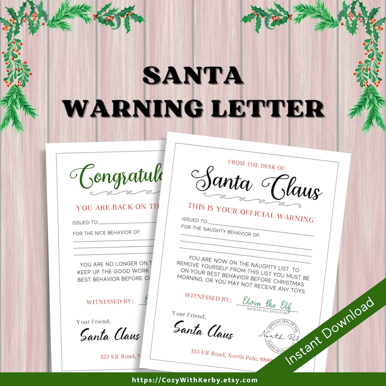 Editable Santa Warning Letter Printable Naughty List Letter Back on the ...