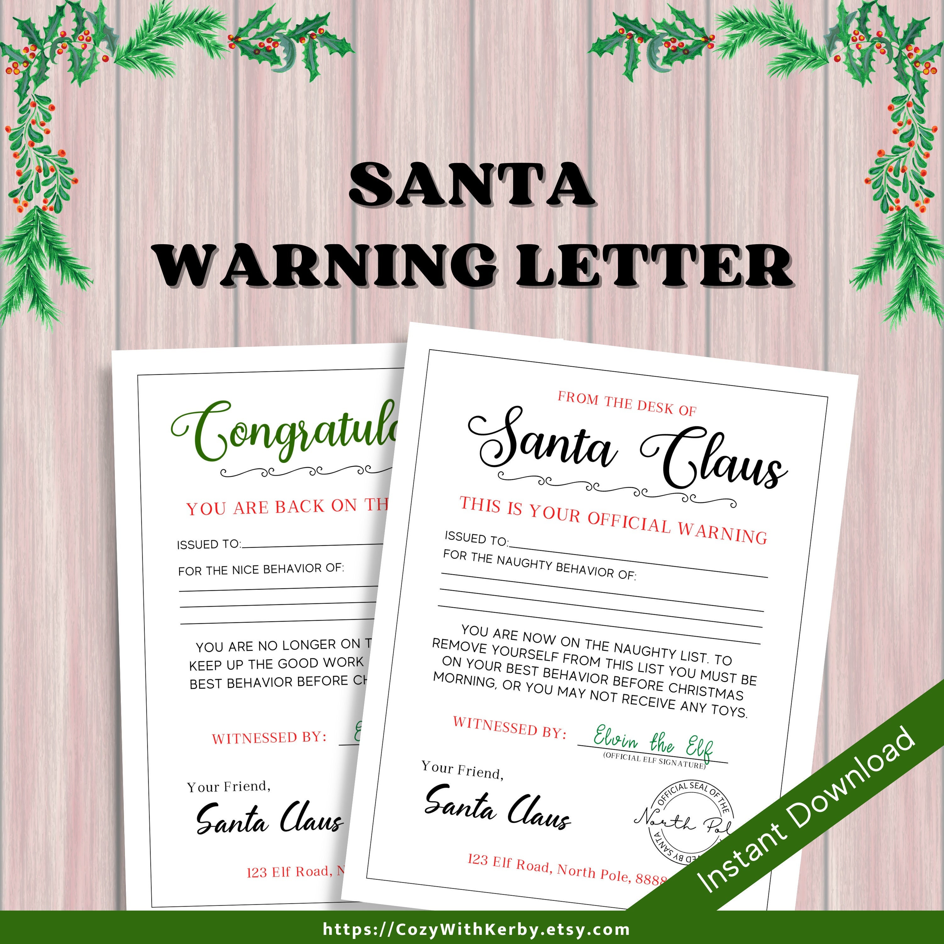 Editable Santa Warning Letter Printable Naughty List Letter Back on the ...