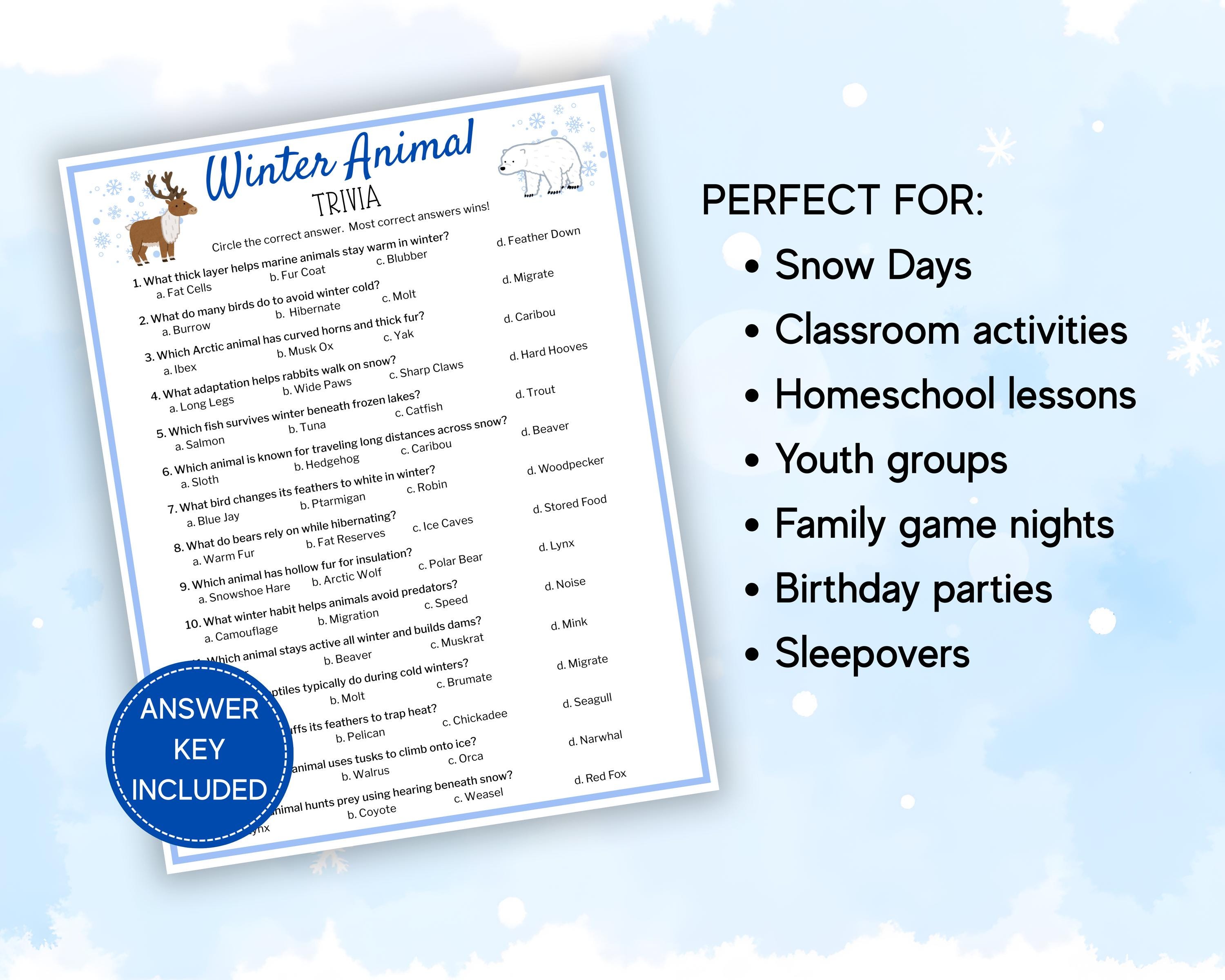 Winter Animals Trivia Game, Printable Party Activity for Family, Office ...