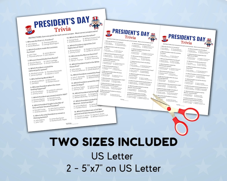 Presidents Day Trivia Game, US Presidents Printable Quiz, US History ...