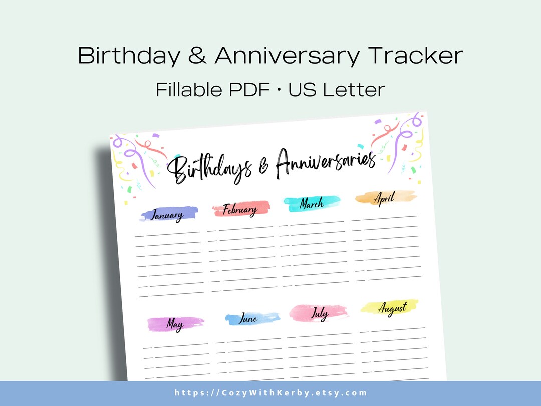 Birthday & Anniversary Tracker Printable Fillable PDF Birthday Calendar ...
