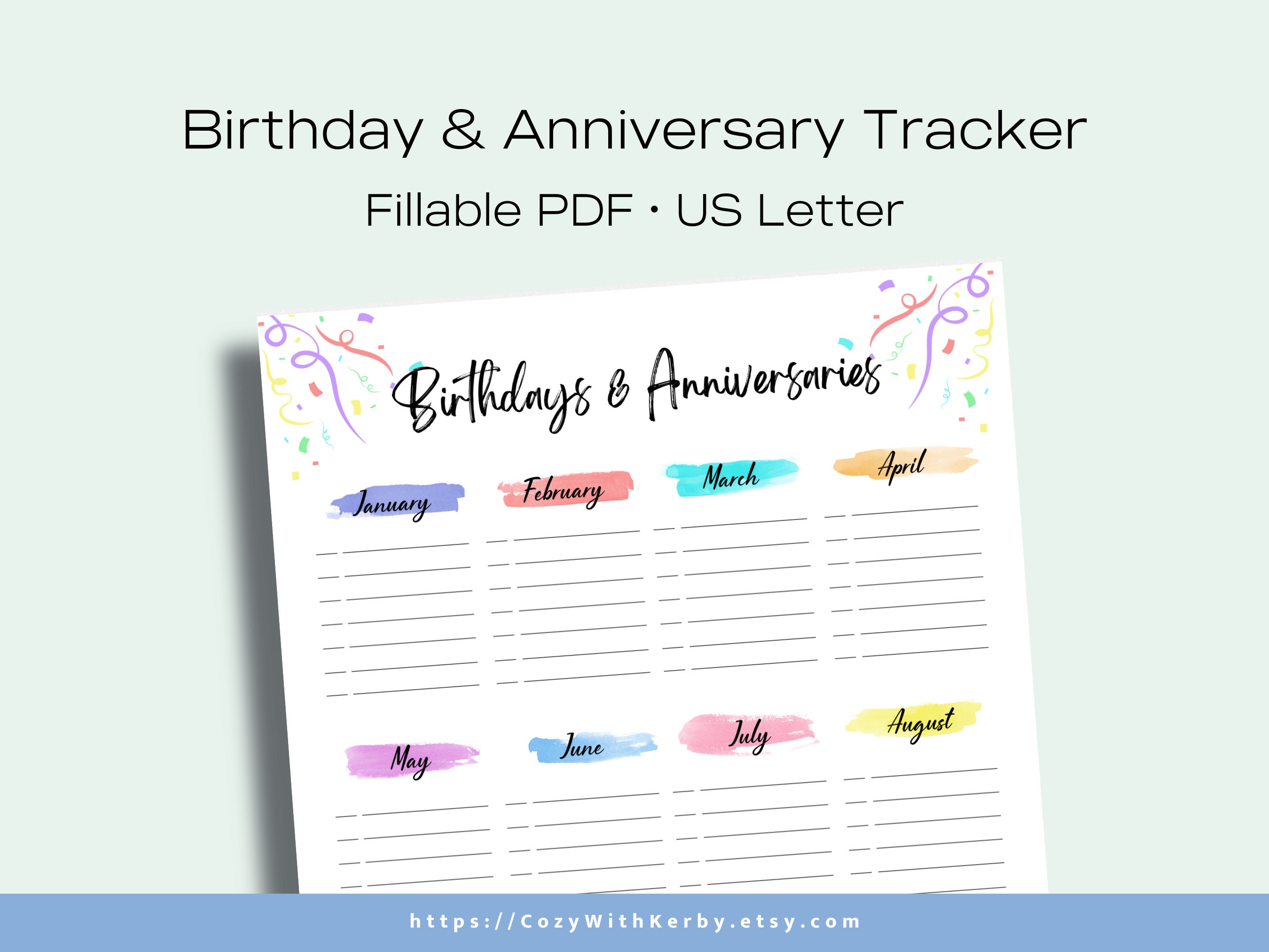 Birthday & Anniversary Tracker Printable Fillable PDF Birthday Calendar ...