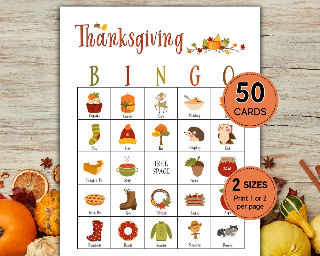 Thanksgiving Bingo Game, 50 Unique Bingo Cards, Thanksgiving Party Game ...