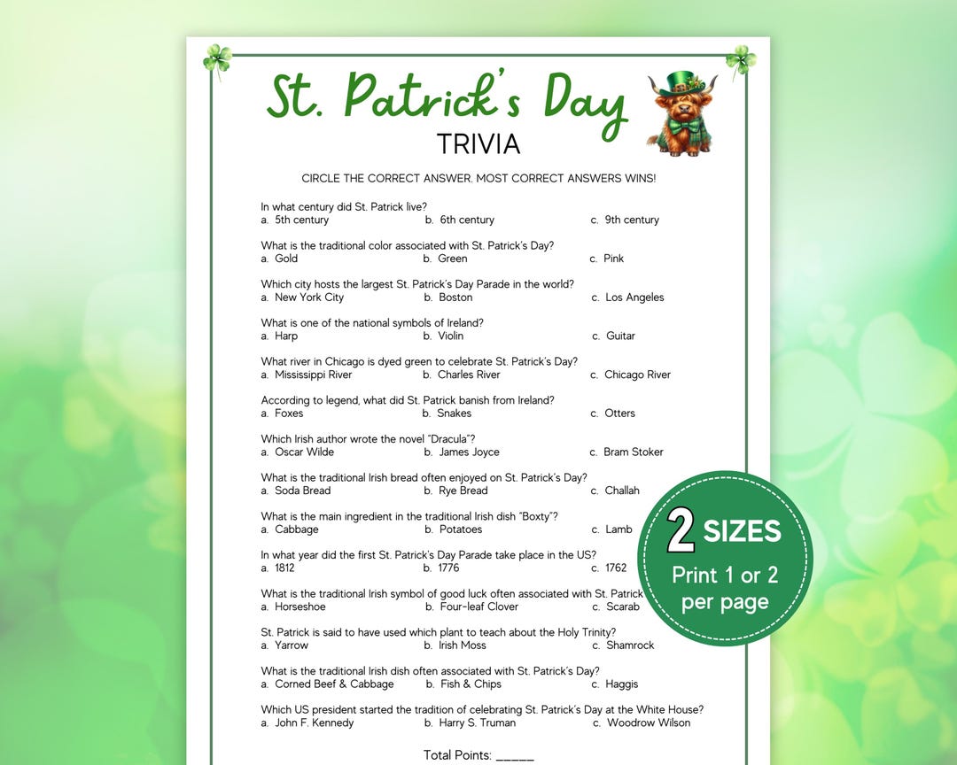 St. Patrick’s Day Trivia Game, Printable Trivia Questions, St Patricks ...