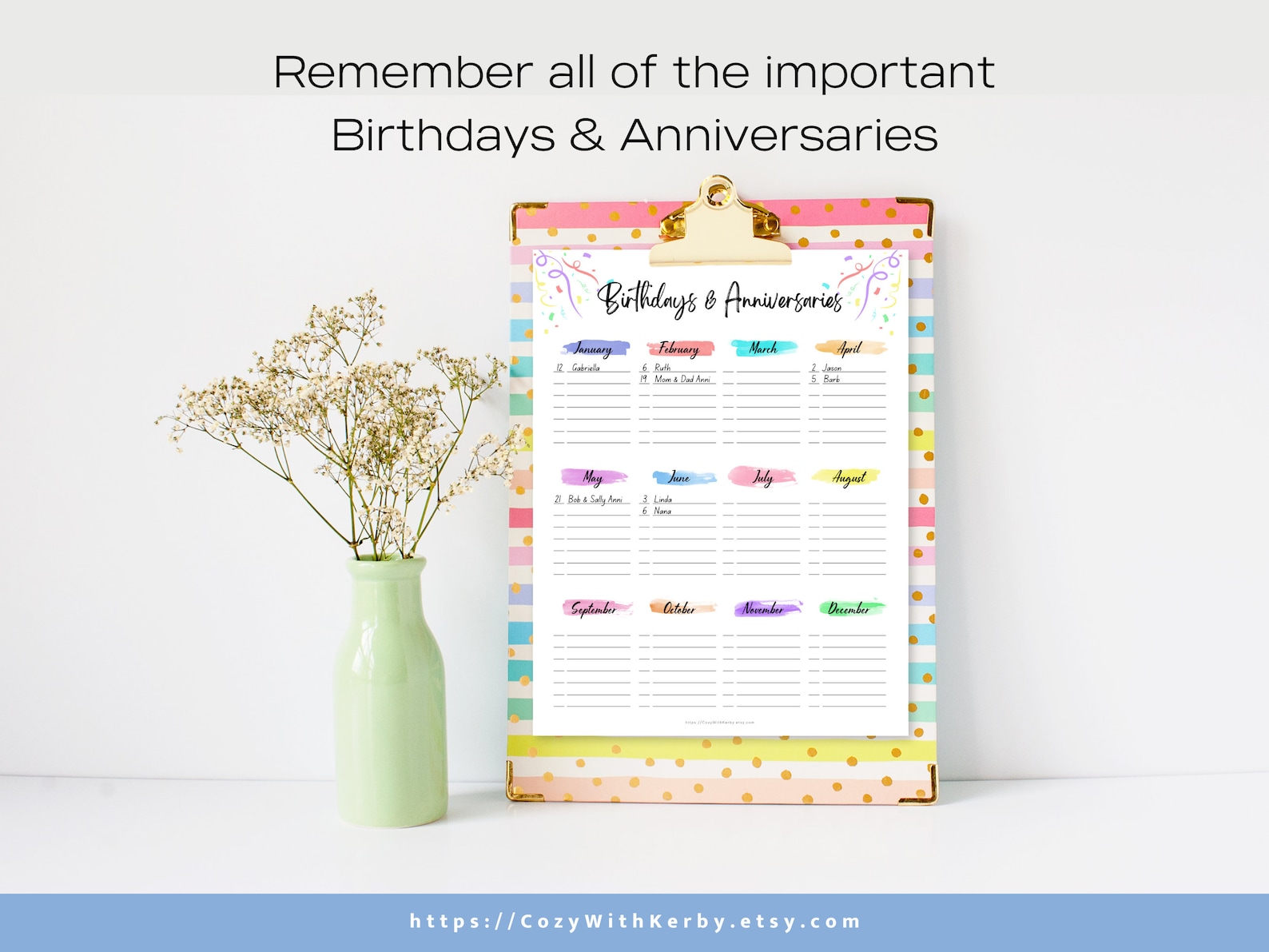 Birthday & Anniversary Tracker Printable Fillable PDF Birthday Calendar ...