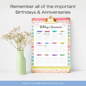 Birthday & Anniversary Tracker Printable Fillable PDF Birthday Calendar ...