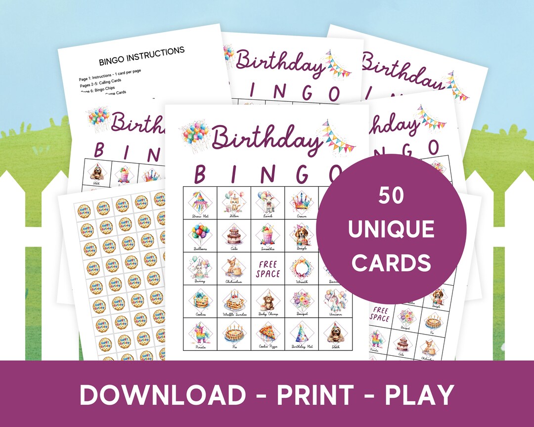 Birthday Bingo Game Printable • 50 Unique Bingo Cards • Activity for ...