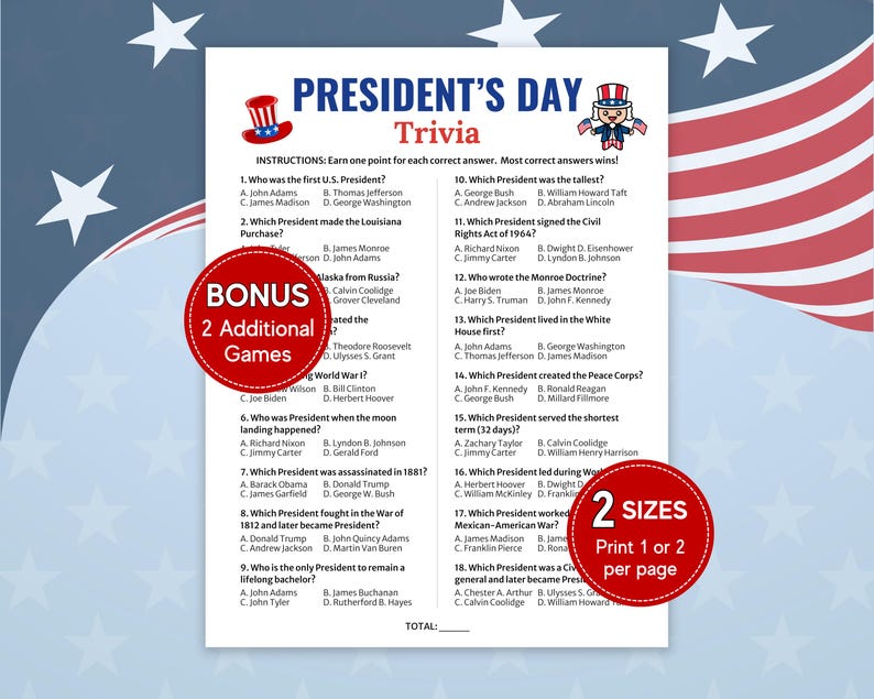Presidents Day Trivia Game, US Presidents Printable Quiz, US History ...