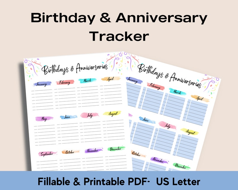 Birthday & Anniversary Tracker Printable • Fillable PDF Birthday ...