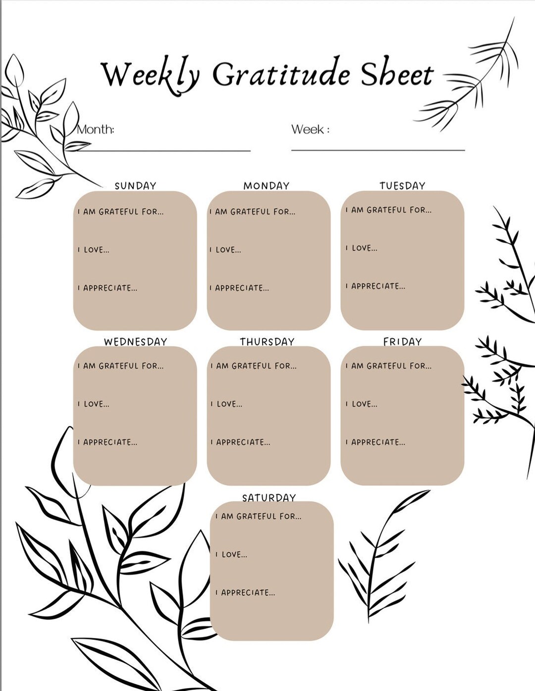 Weekly Gratitude Journal Sheet, Digital Download, Printable, Gratitude ...