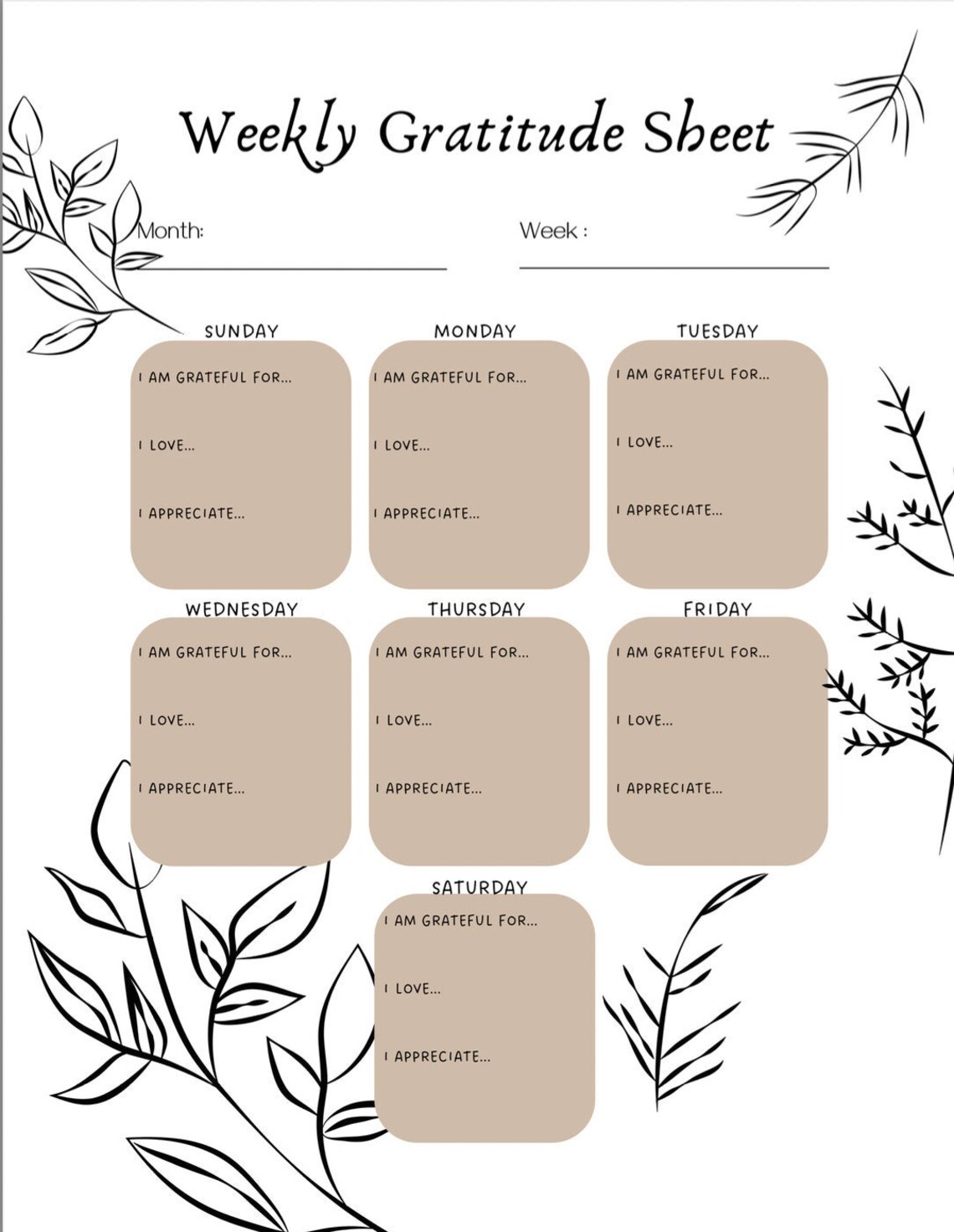 Weekly Gratitude Journal Sheet, Digital Download, Printable, Gratitude ...