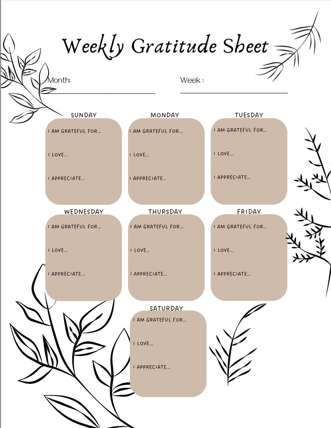 Weekly Gratitude Journal Sheet, Digital Download, Printable, Gratitude ...