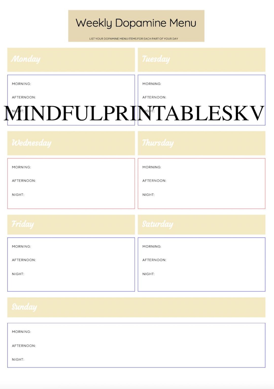Dopamine Menu, Weekly Dopamine Activity List Schedule, Dopamine ...