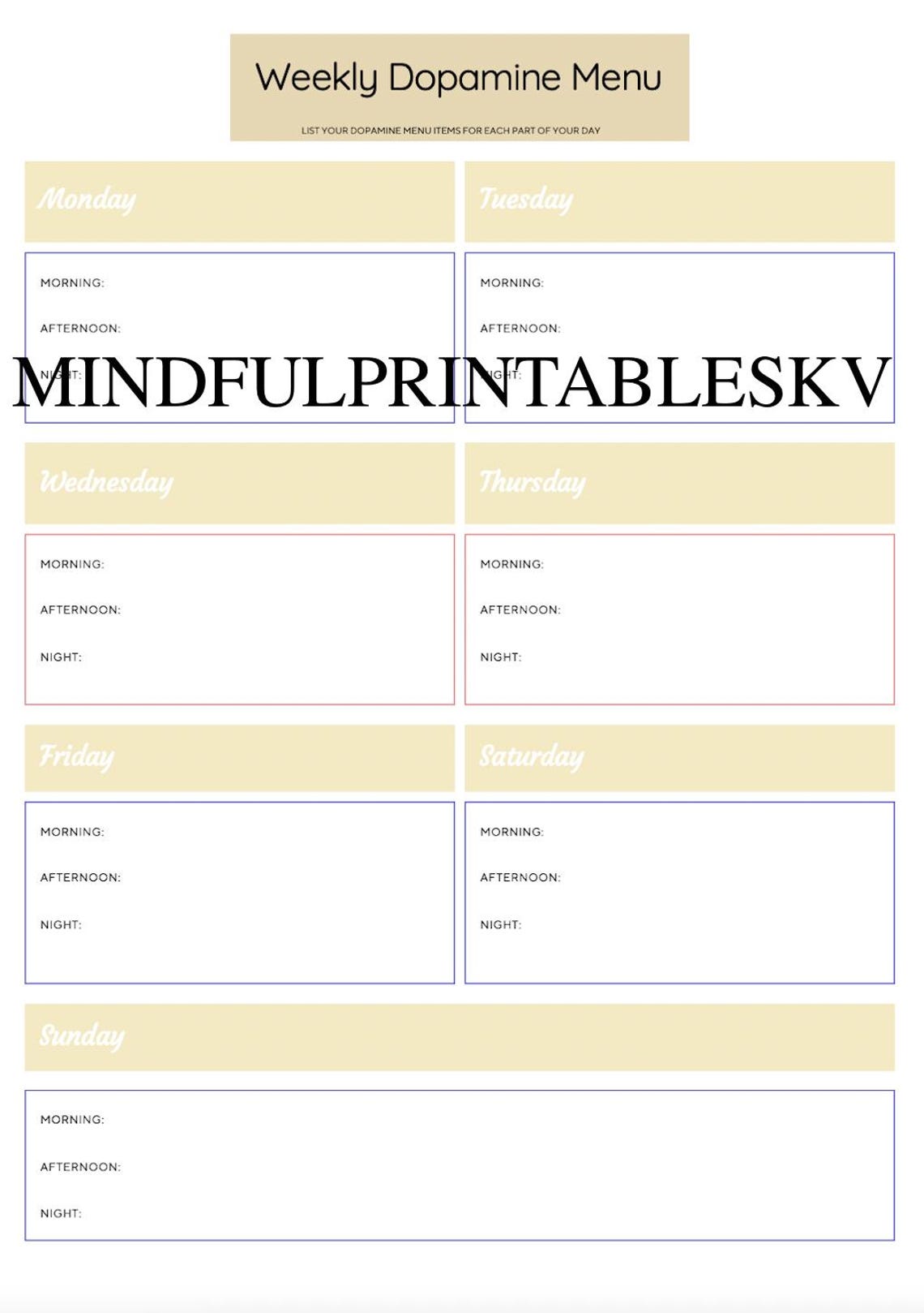 Dopamine Menu, Weekly Dopamine Activity List Schedule, Dopamine ...