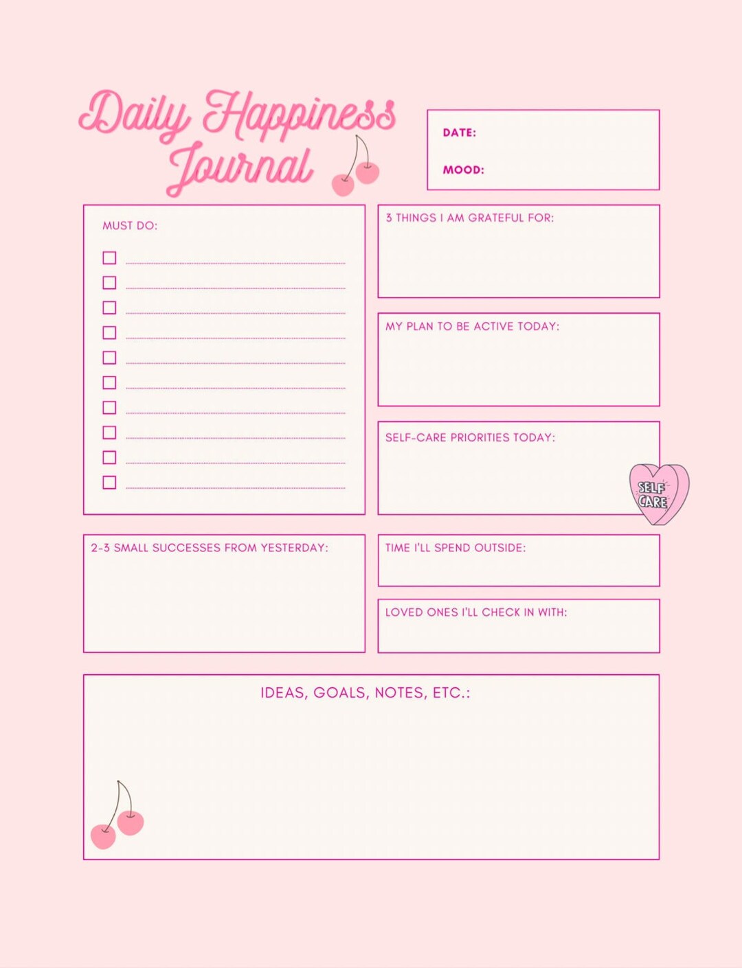Daily Happiness Journal Sheet, Digital Download, Priority Sheet, to Do ...