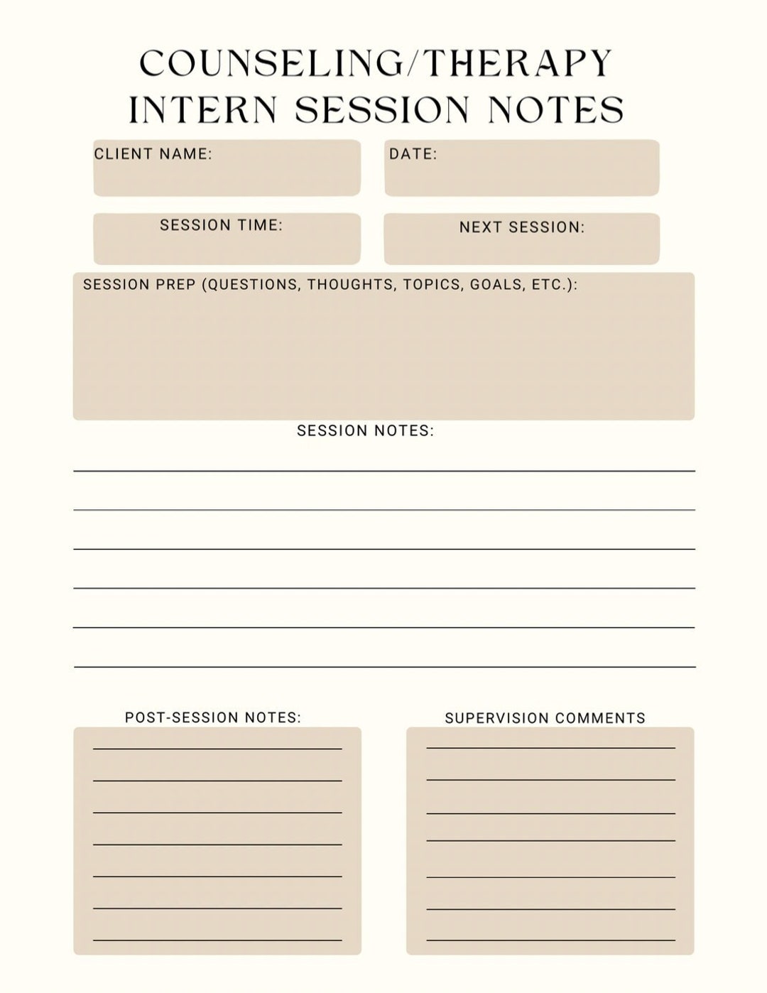 Therapy Intern Session Notes Sheet, Counseling, Client Session Log ...