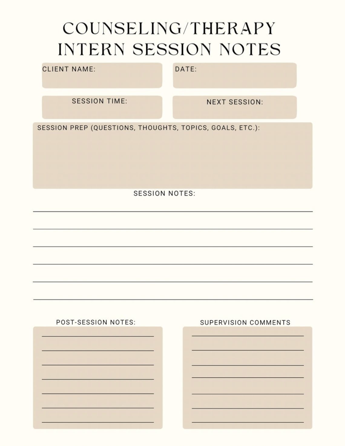 Therapy Intern Session Notes Sheet, Counseling, Client Session Log ...