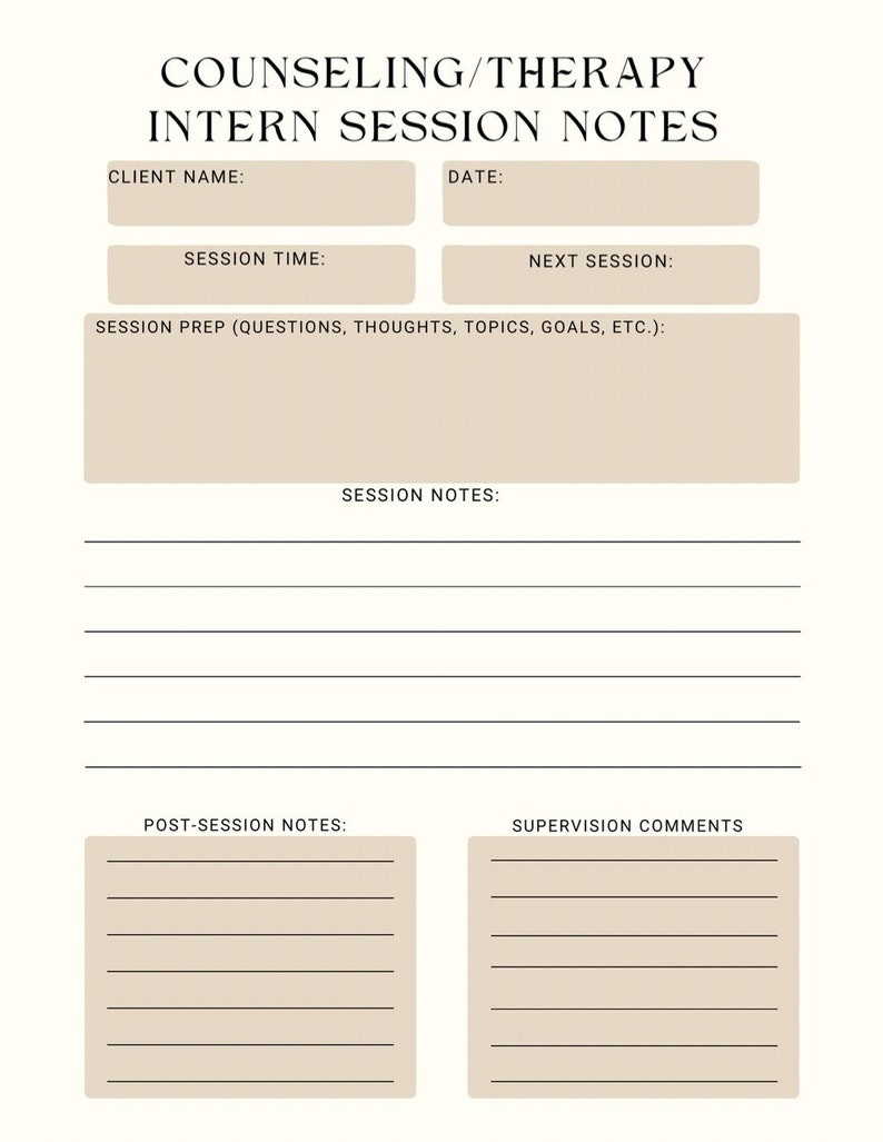 Therapy Intern Session Notes Sheet, Counseling, Client Session Log ...