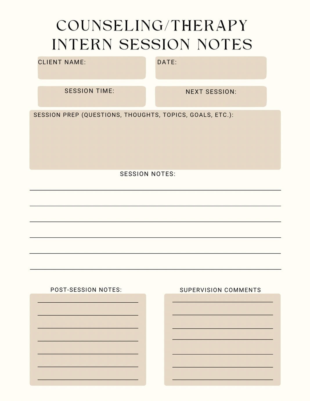 Therapy Intern Session Notes Sheet, Counseling, Client Session Log ...