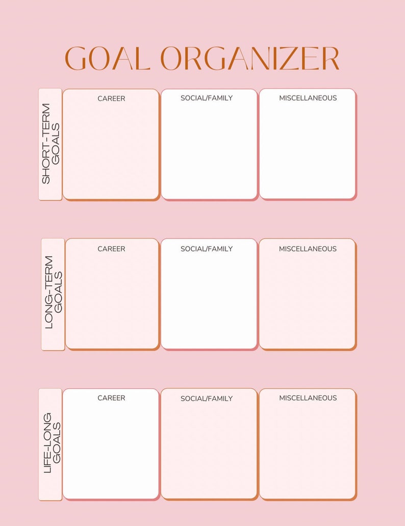 Goal Organizer Sheet, Plan Out Your Goals, Set Short and Long-term ...