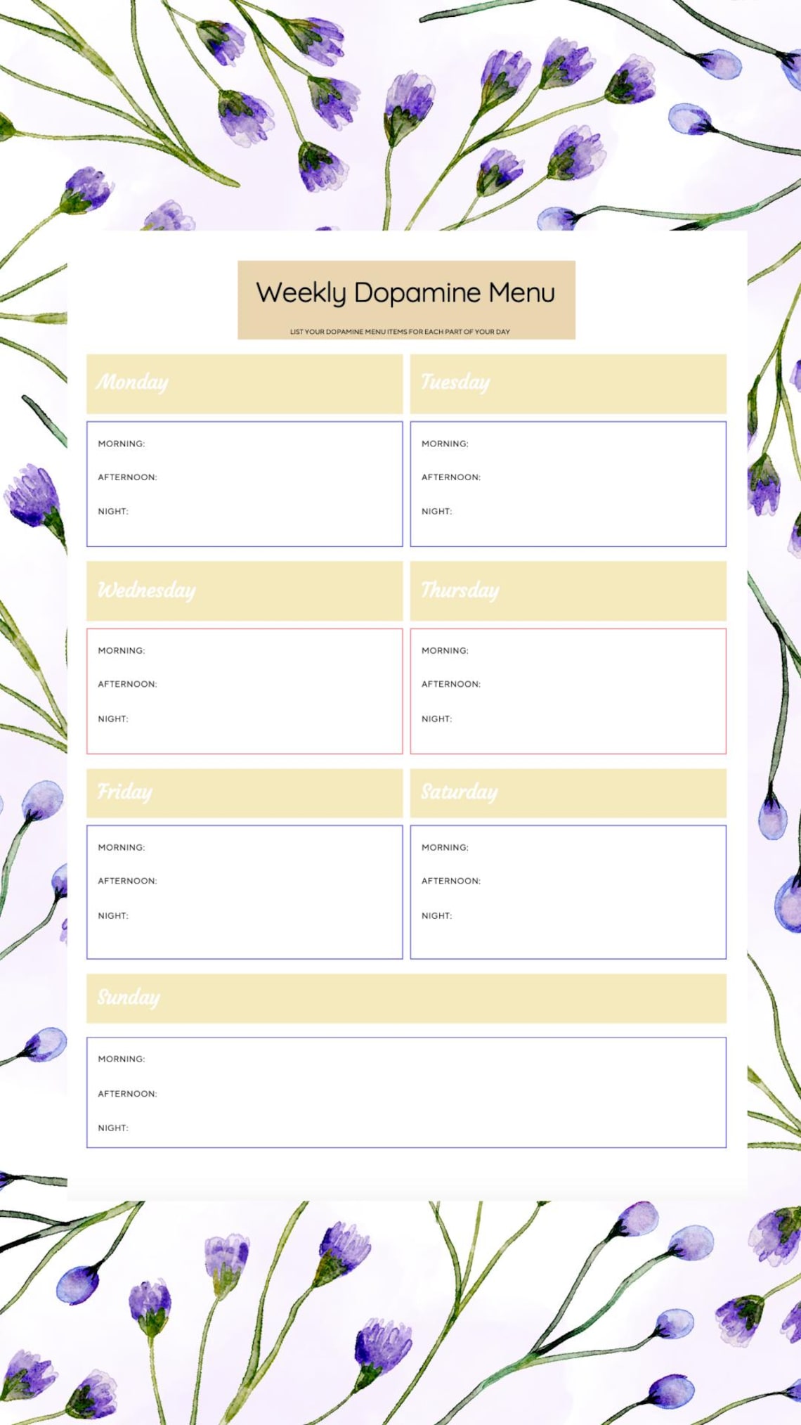 Dopamine Menu, Weekly Dopamine Activity List Schedule, Dopamine ...