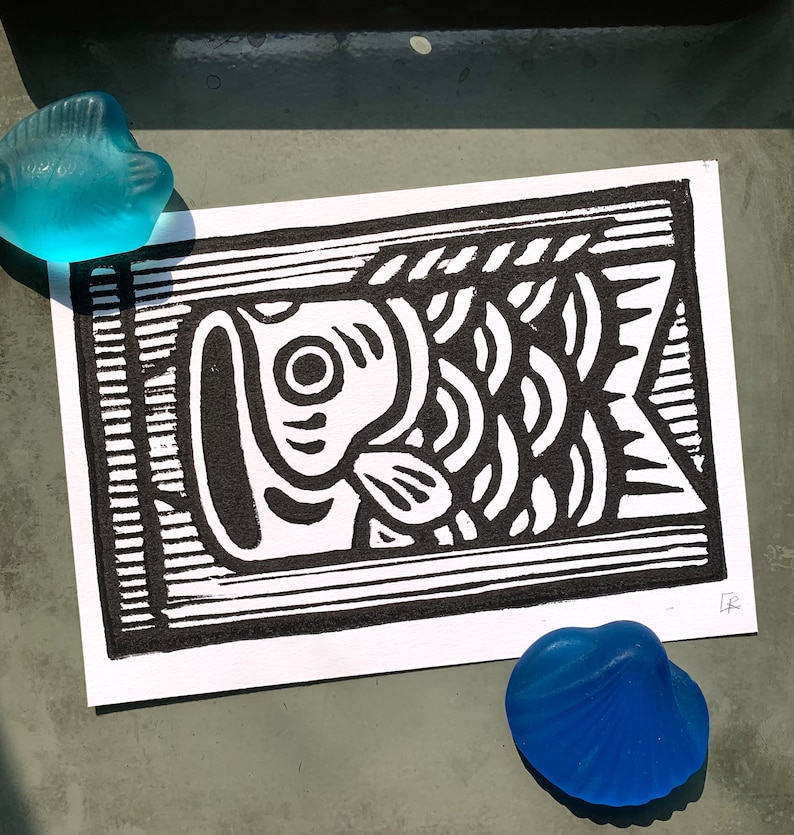 Koinobori Linocut, Five Pack 4x6 Postcard Print, Carp Streamer Print ...