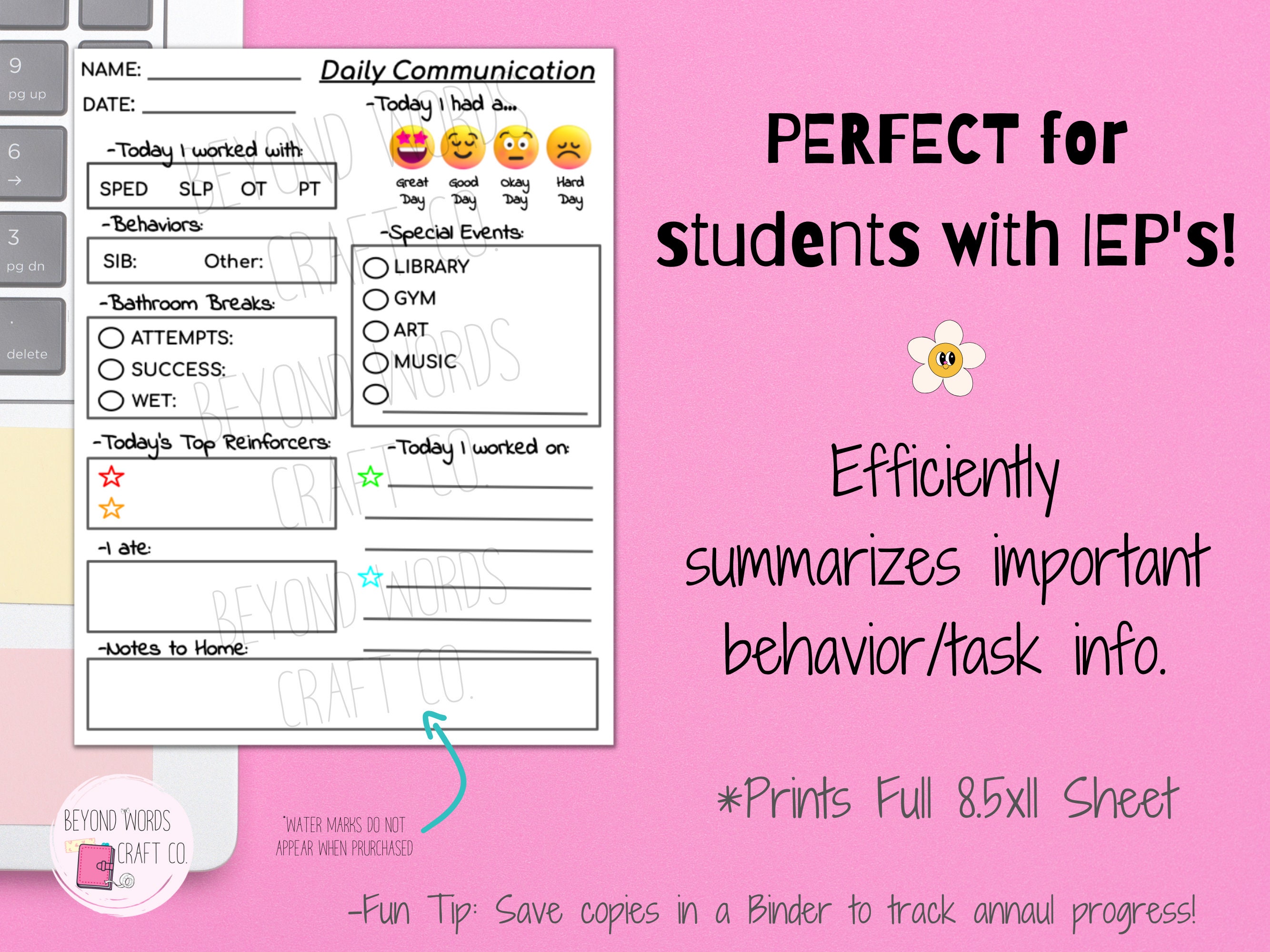 Daily Communication Log Printable for Teachers to Parents | IEP Daily ...