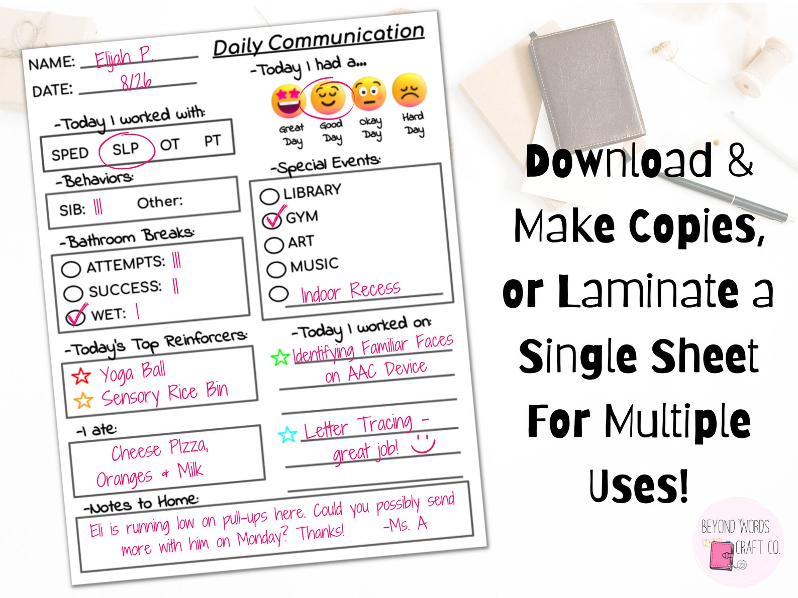 Daily Communication Log Printable for Teachers to Parents | IEP Daily ...