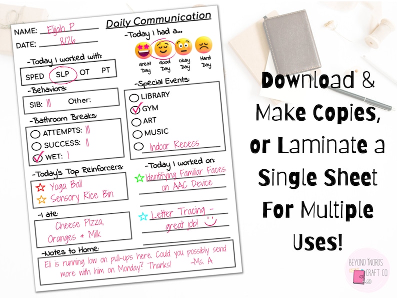 Daily Communication Log Printable for Teachers to Parents | IEP Daily ...