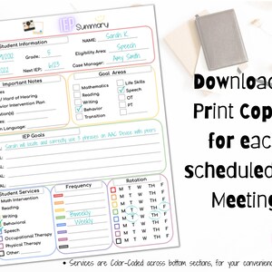 IEP Snapshot Summary Printable Sheet | IEP Meeting Summary for Parents ...