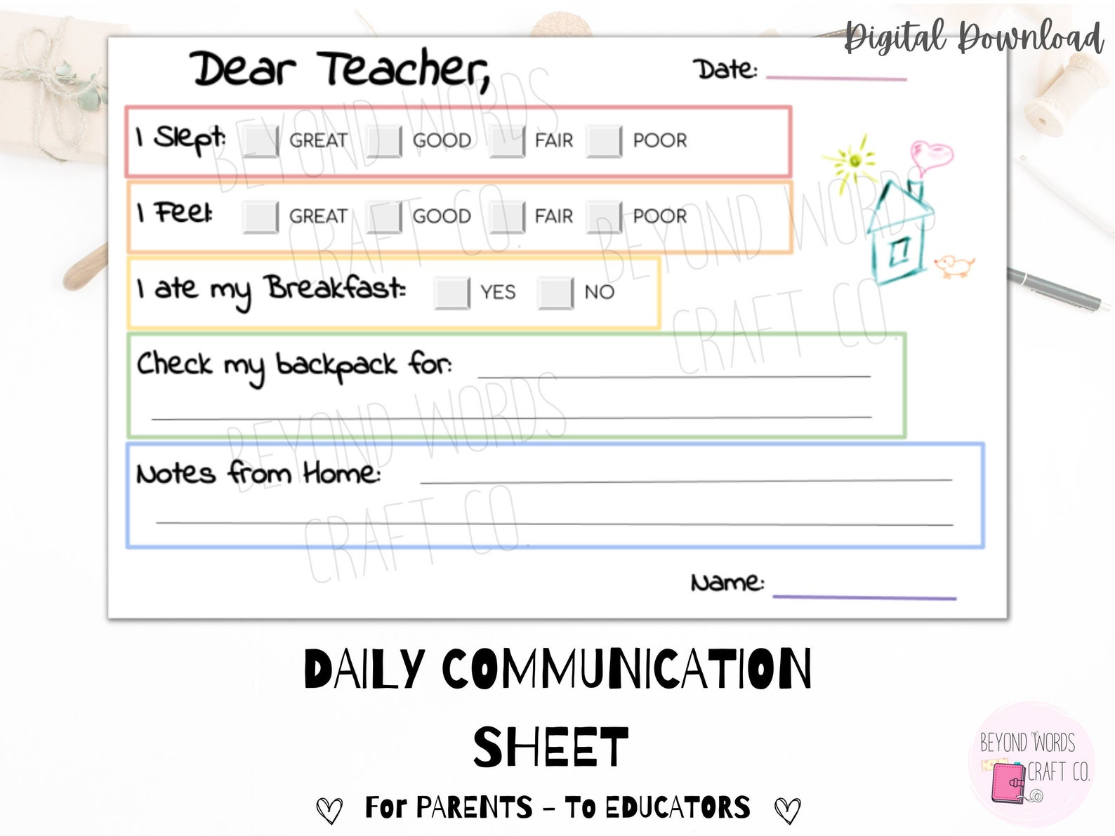 Daily Communication Sheet Printable for Parents and Teachers | Daily ...