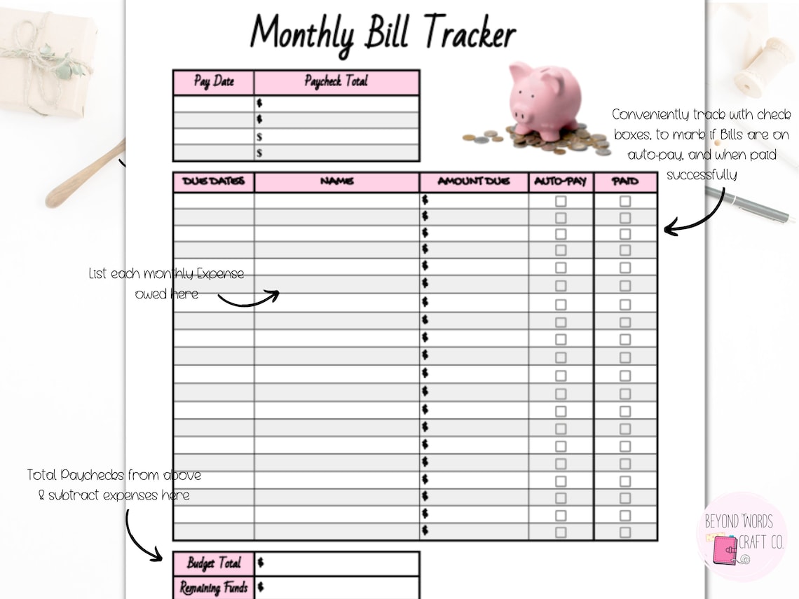 Monthly Budget & Bill Payment Tracker Printable Set | Monthly Budget ...