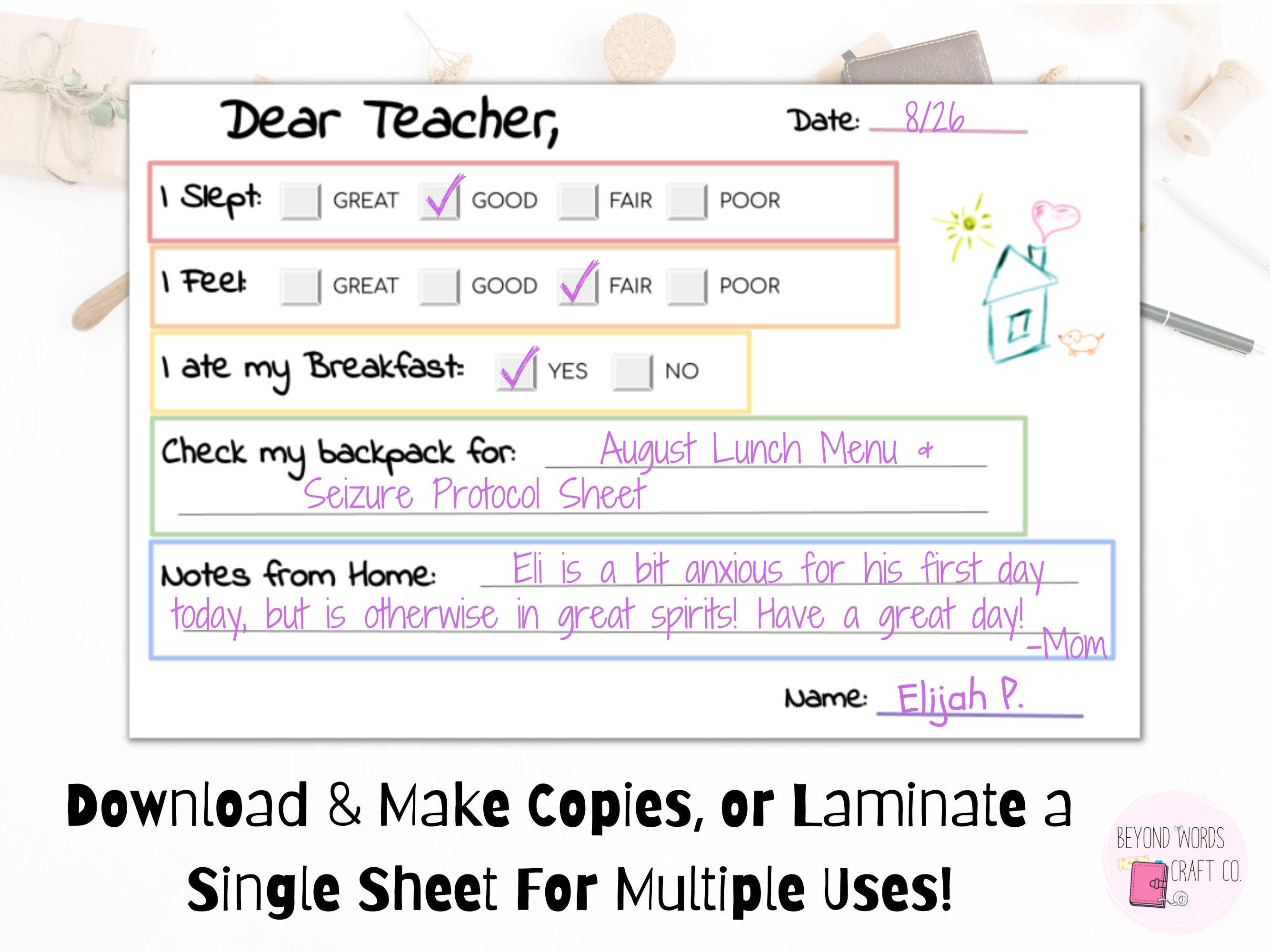 Daily Communication Sheet Printable for Parents and Teachers | Daily ...