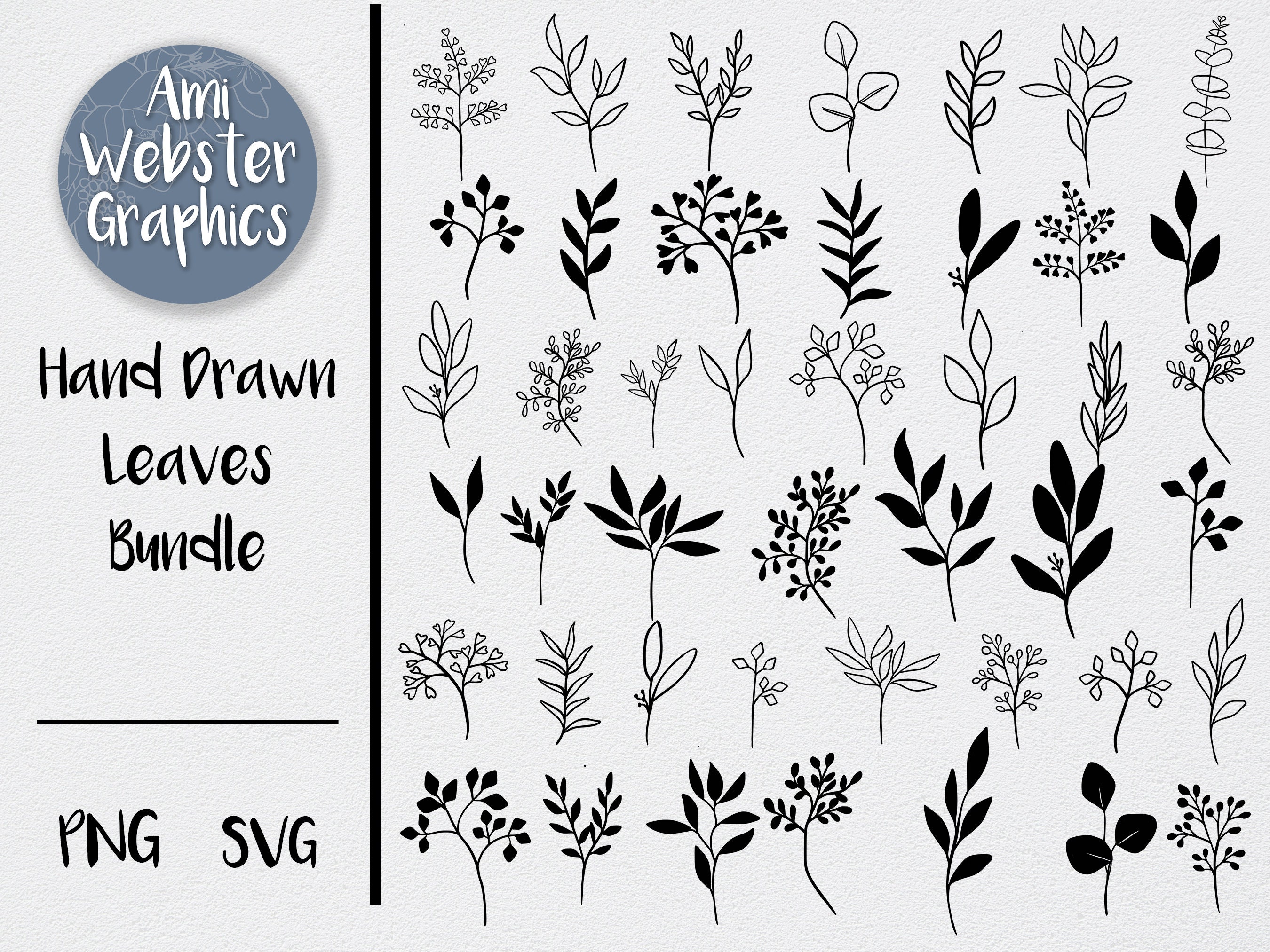 Leaves SVG, Leaf Outline, Illustrations Bundle, Leaves PNG Files, Hand ...