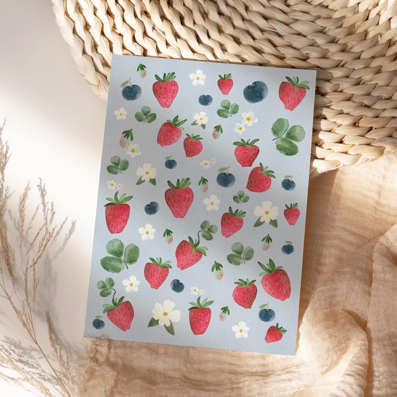 Erdbeeren blumen aquarell - Etsy.de