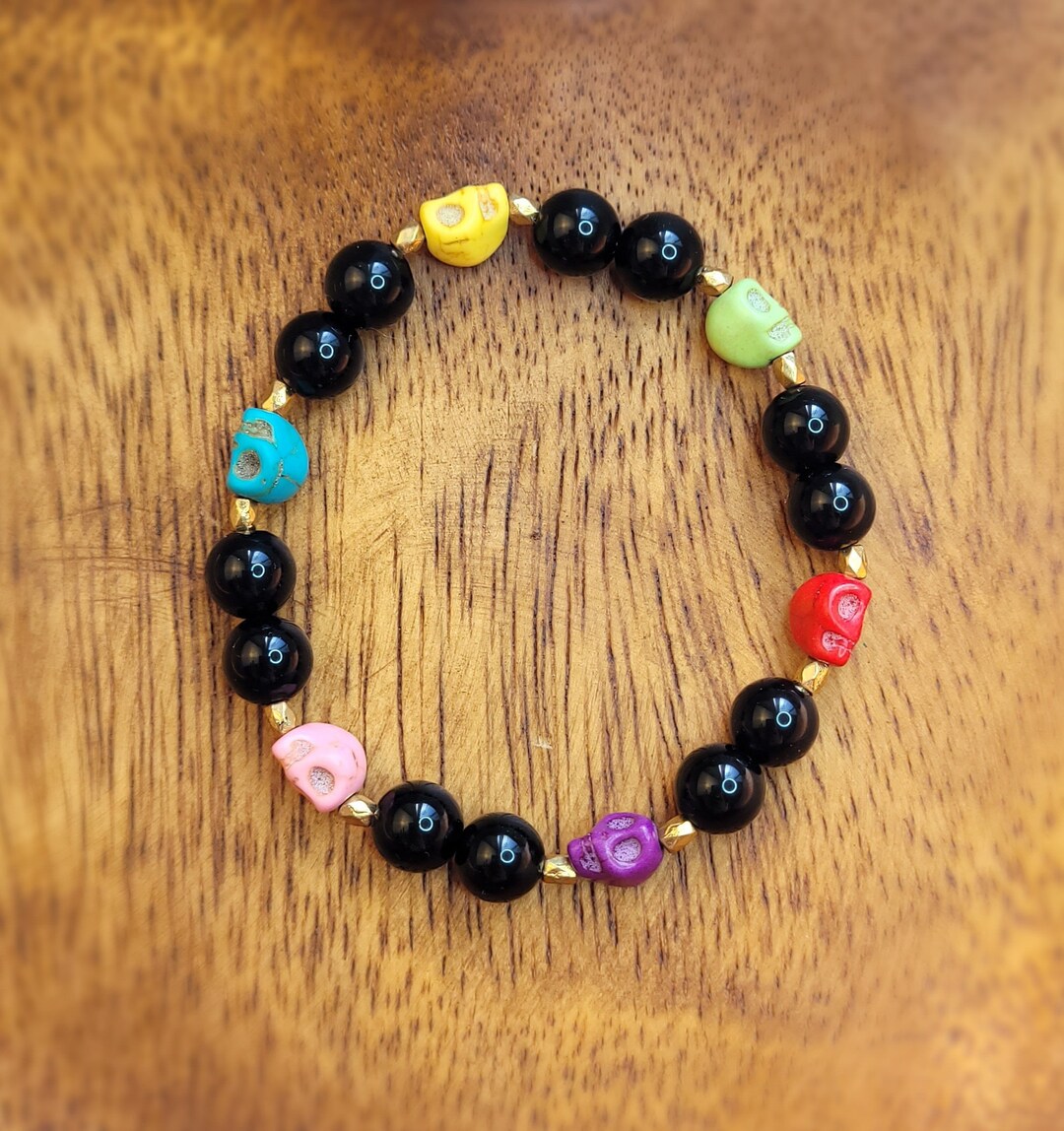 Memento Mori Bracelet, Black Obsidian Stone Bracelet, Colorful Skull ...