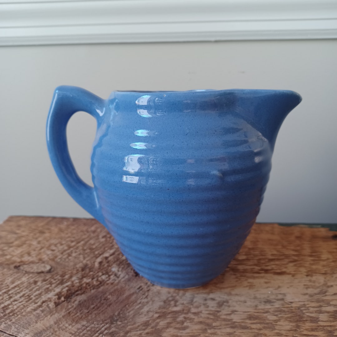 Vintage Blue Ribbed Pottery Pitcher - Etsy