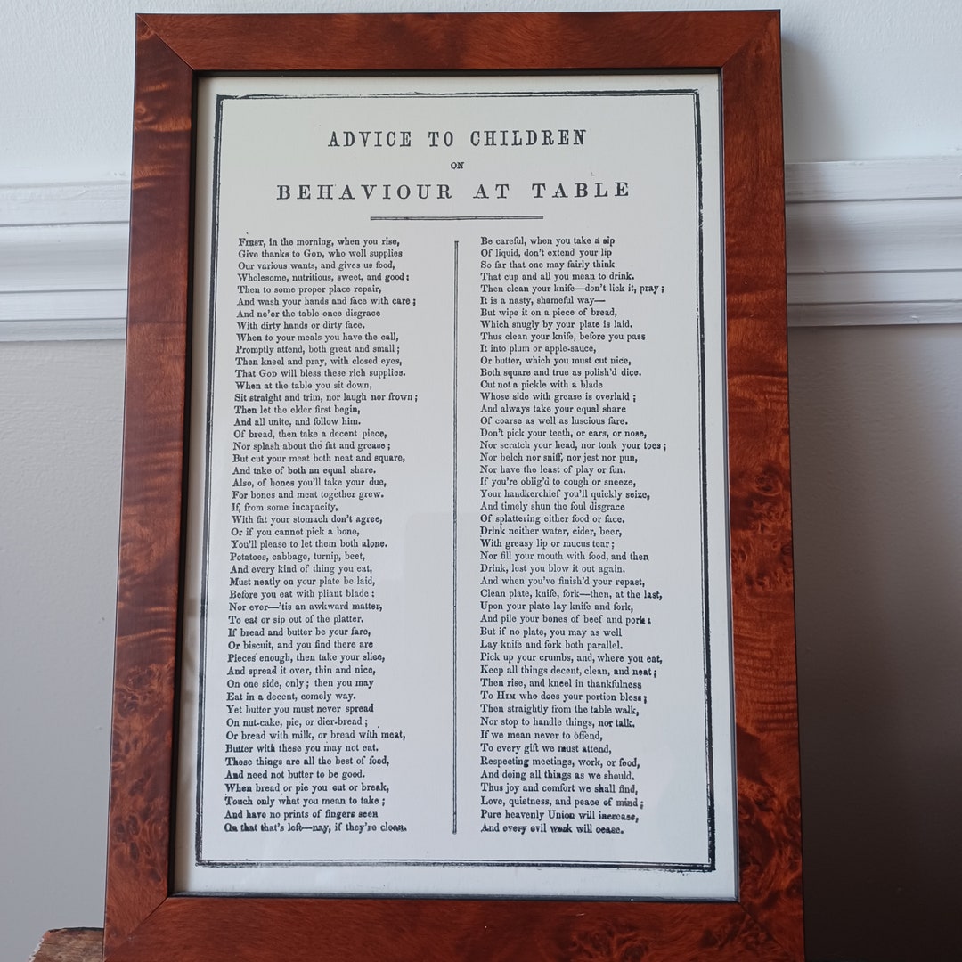 Advice to Children on Behavior at Table Poem Custom Framed Print ...