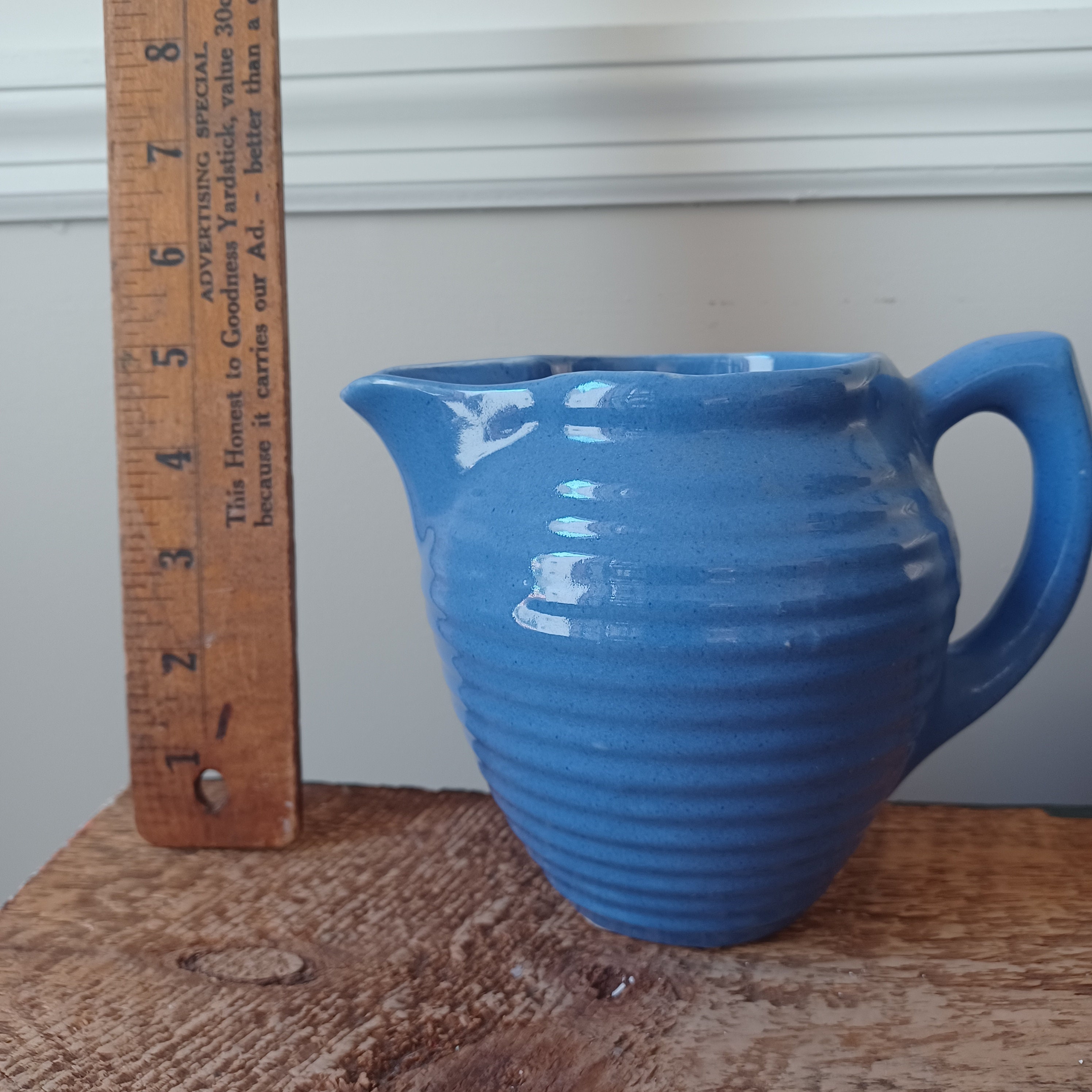Vintage Blue Ribbed Pottery Pitcher - Etsy