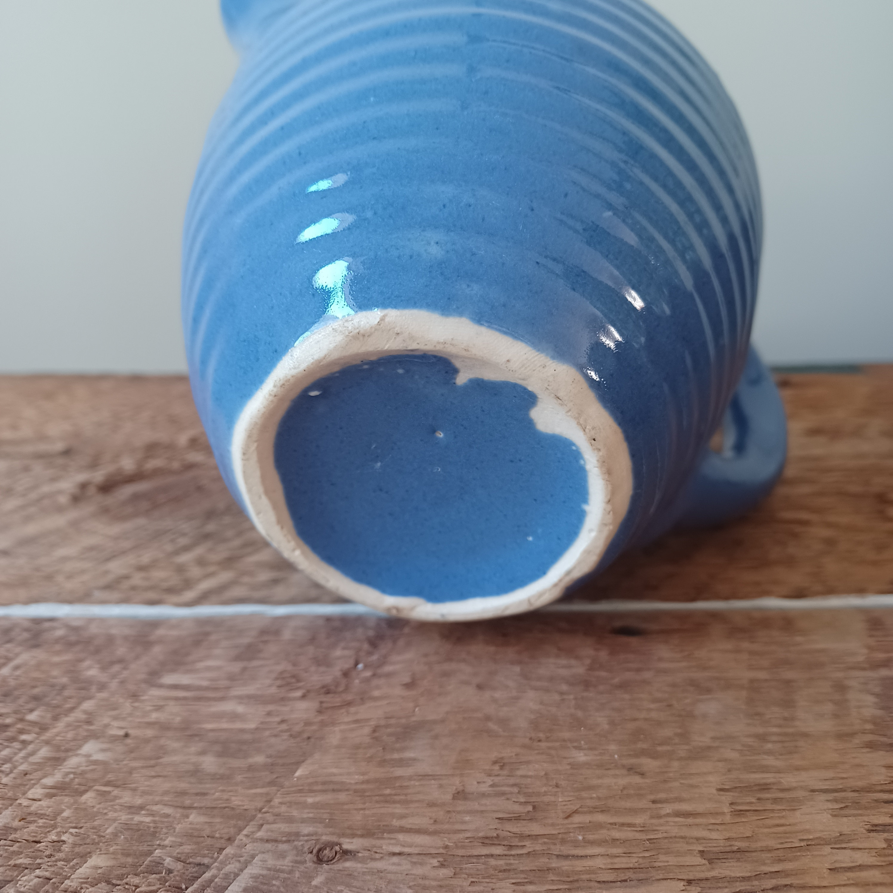 Vintage Blue Ribbed Pottery Pitcher - Etsy