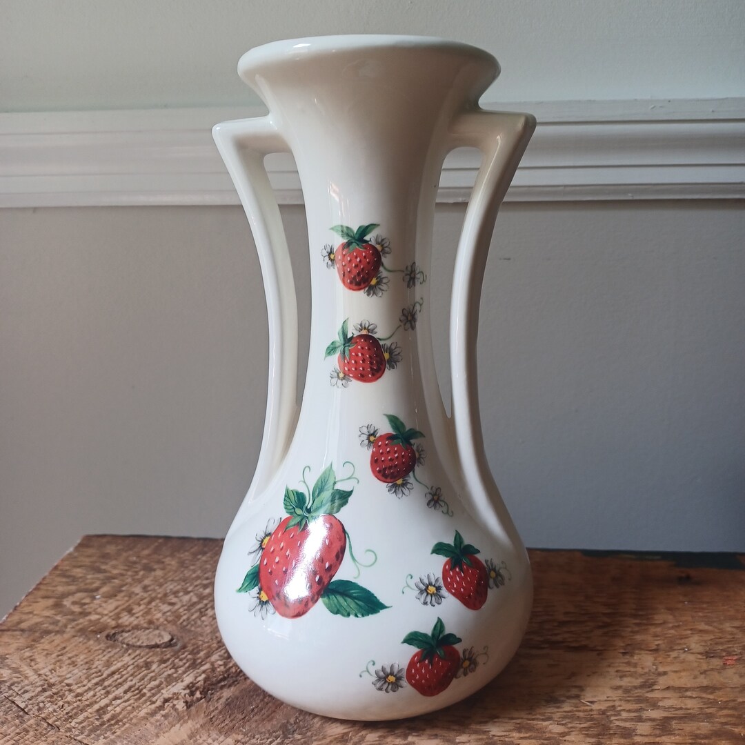 Two-handled Tall Ceramic Strawberry Vase Cottagecore Kitchen Home Decor ...