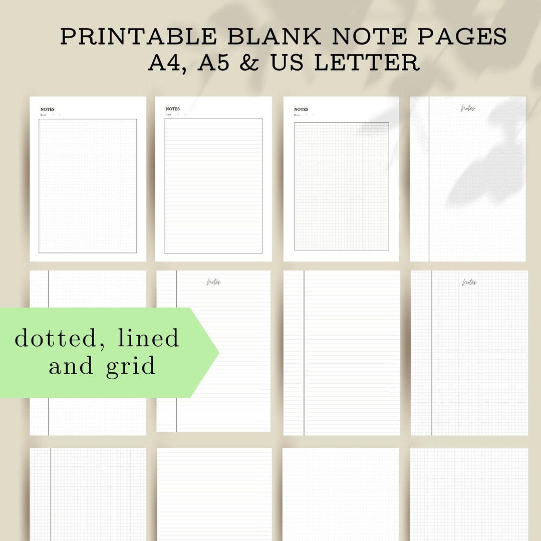 Digital Download Notes Page Set Dotted, Lined and Grid Printable Blank ...