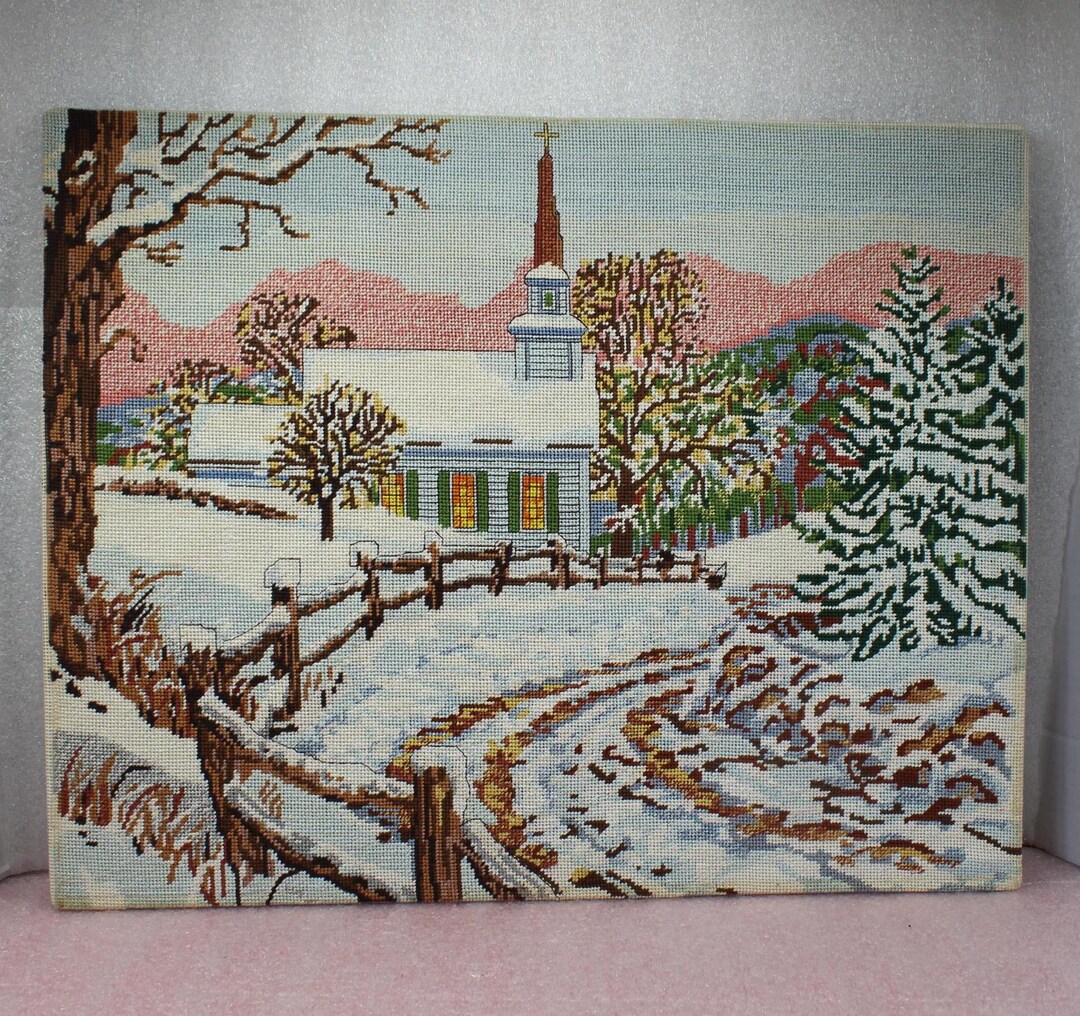 Large Finished Needlepoint Vintage 80's Church Landscape Winter Scene ...