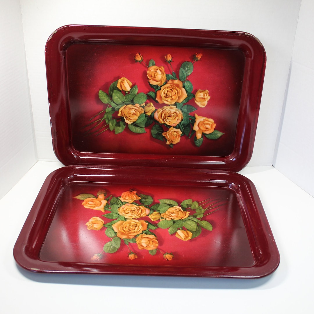 2 Metal Serving Trays Vintage Mid-century Deep Red With Floral Pink ...