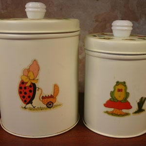 Vintage Metal Canister Set of 4 / off White / Ladybug, Frog, Mushroom ...