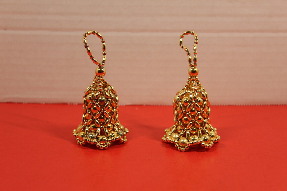 Vintage Christmas Ornament Beaded Bells / Set of 2 Handmade Gold Tone ...