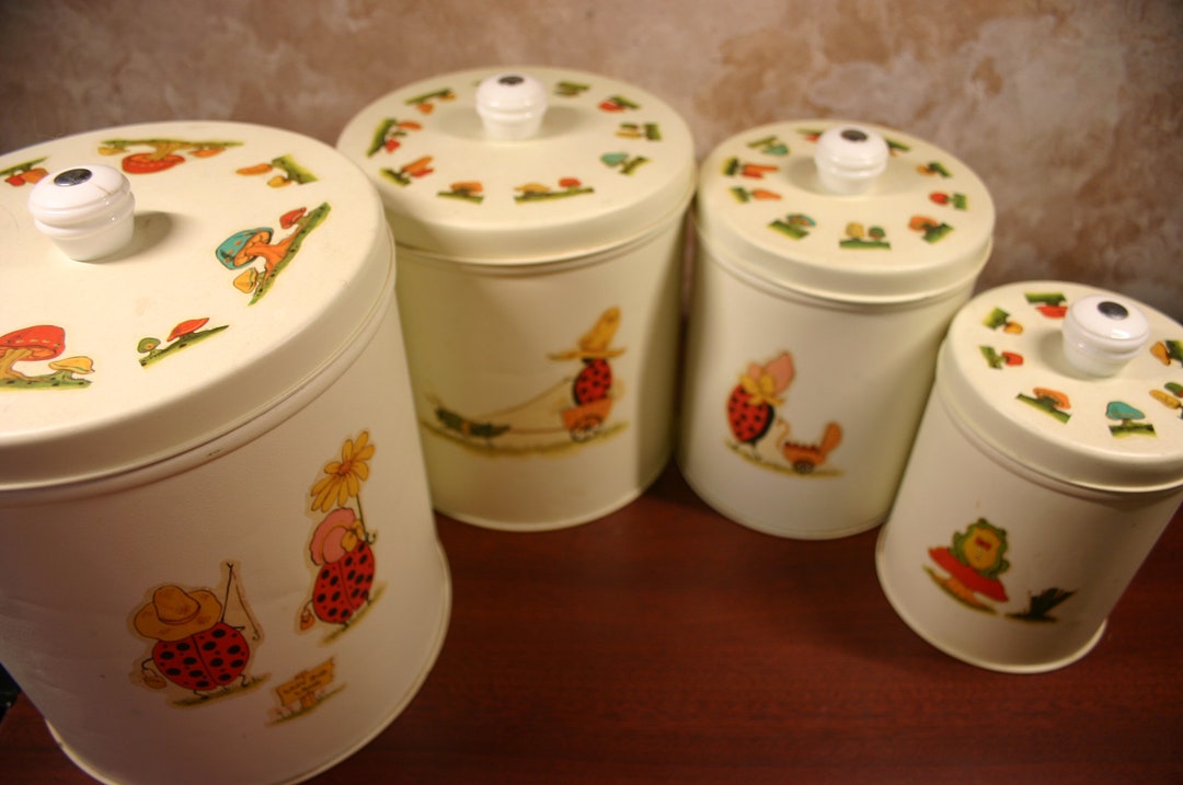Vintage Metal Canister Set of 4 / off White / Ladybug, Frog, Mushroom ...